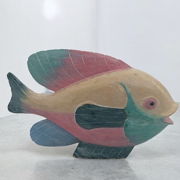 Art | Vintage Rainbow Painted Carved Wooden Large Standing Fish Folk ...